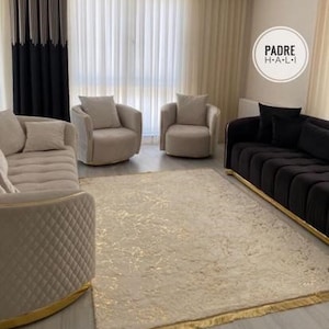 Gold Fur Carpet, Beige With Gold Feather Rug, Leather Sole Rug, Faux ...