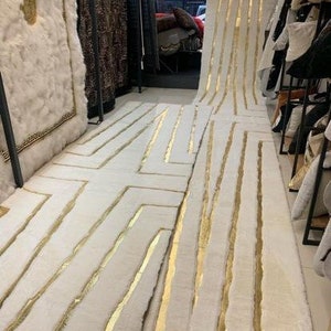 White With Golden Fur Rug, Golden Leather Striped Rug, Shaggy and ...
