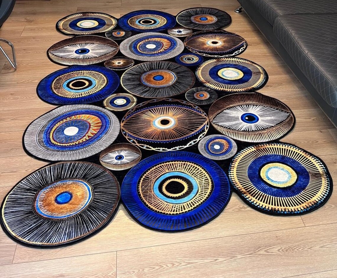Blue Evil Eye Rug, Hallway Entrance Rug, Custom Cut Nonslip Leather Rug ...