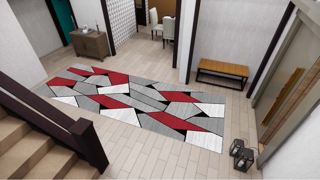 Gray With Red Geometric Pattern Rug, Washable Rug, Corridor Rug ...