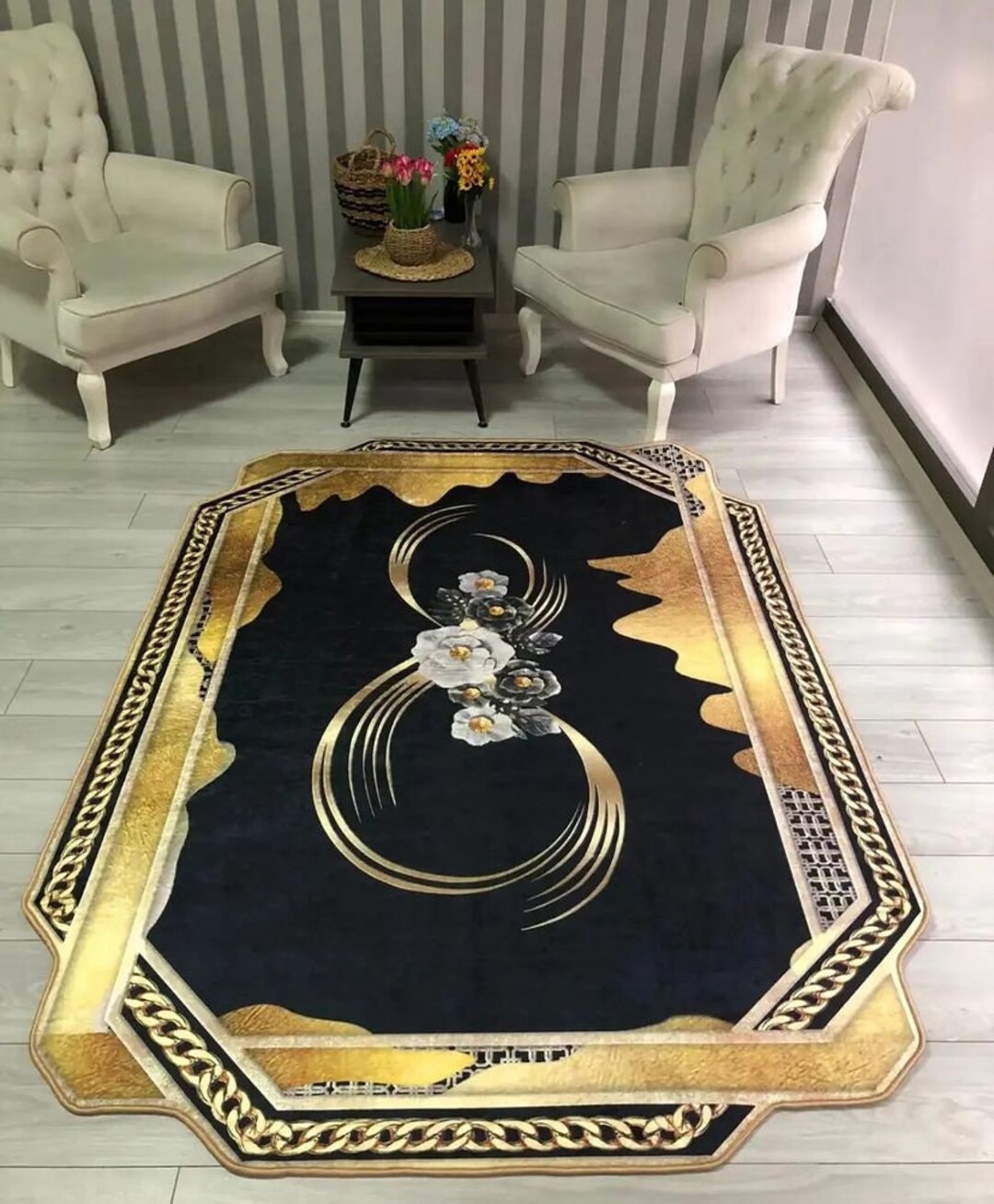 Golden Pattern Black Luxury Rug, Black and Gold Luxury Decor, Rugs for ...