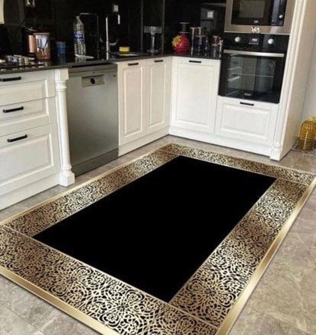 Golden Pattern Black Rug, Black Gold Rug, Washable Area Rugs, Rugs for ...