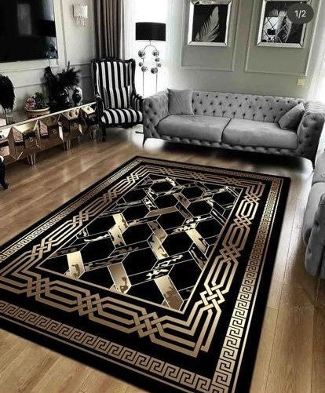 Golden Striped Black Rug, Gold Luxury Rug, for Living Room and Bedroom ...