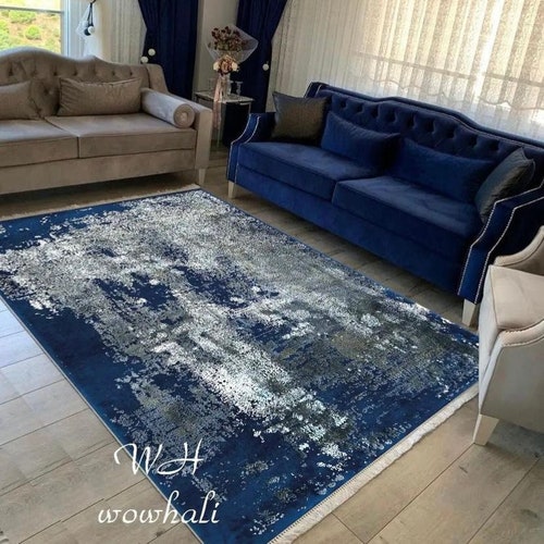 Dark Blue Abstract Rug Navy With Gray Rug Rugs for Living - Etsy