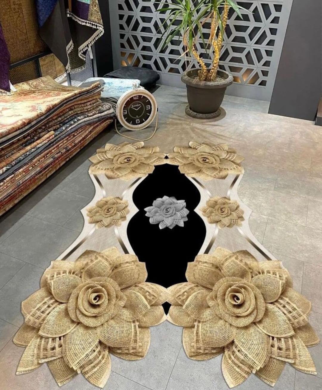 Gold Flowers Rug, Bright Gold Rug, Gold Decor Home Rug, Gold Black Rug ...