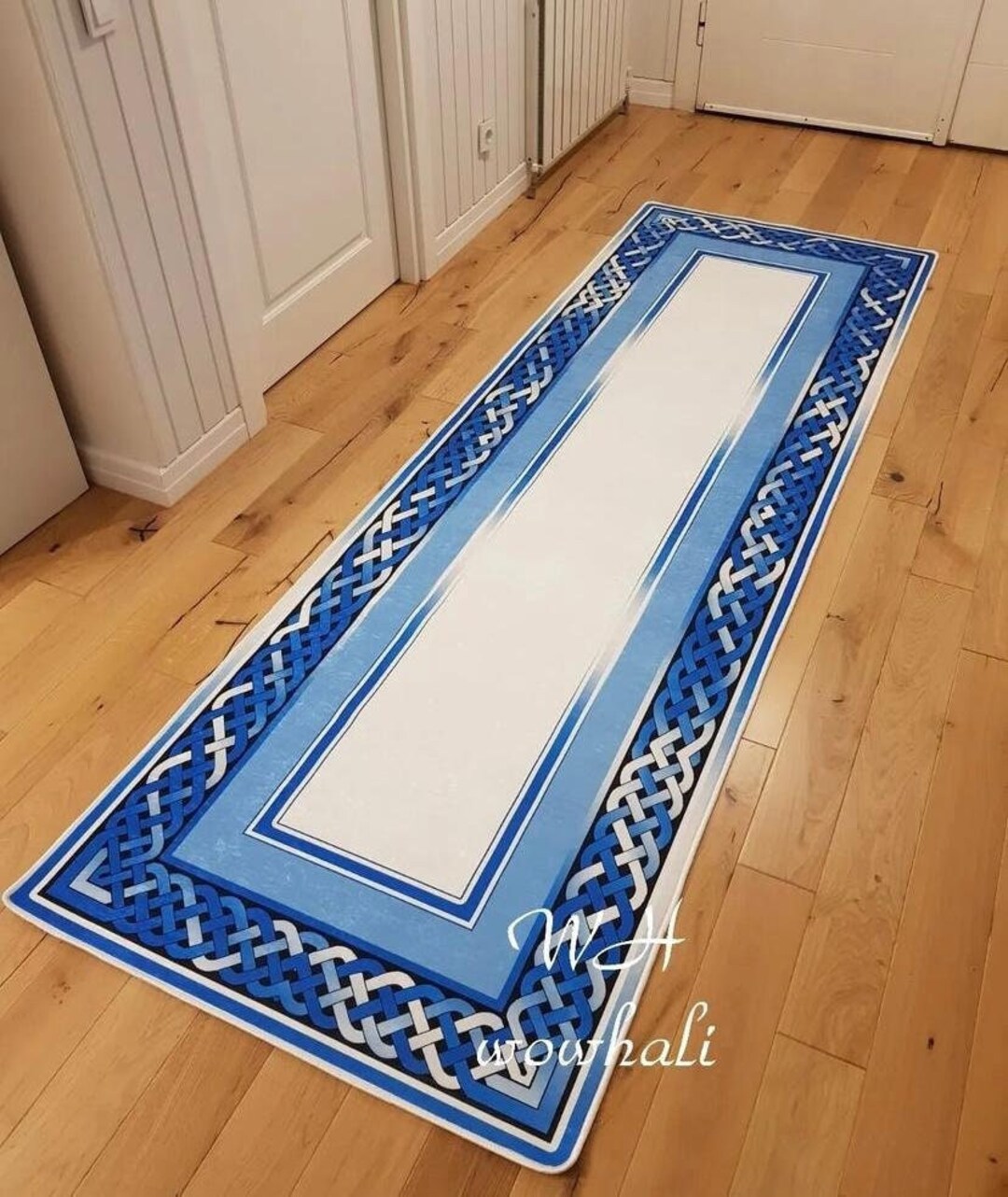 Blue With White Corridor Rug, Asymmetric Cut Rug, Rugs for Living Room ...