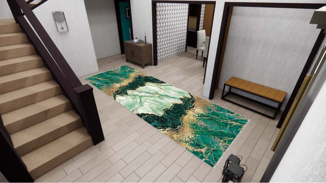 Golden Pattern Green Rug, Green Marble Pattern Rug, Washable Rug ...