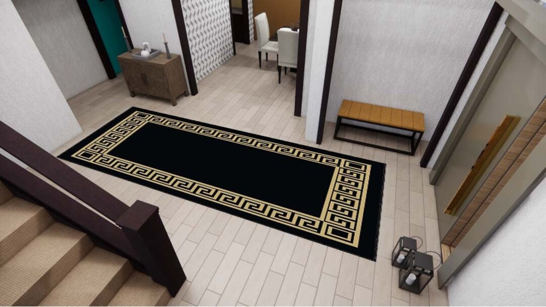 Golden Striped Black Rug, Black Runner Rug, Washable Rug, Corridor Rug ...