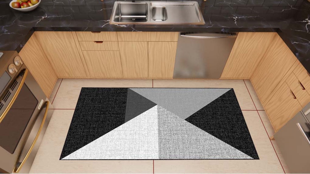 Black Gray White Geometric Pattern Rug, Kitchen Rug, Rugs for Living ...