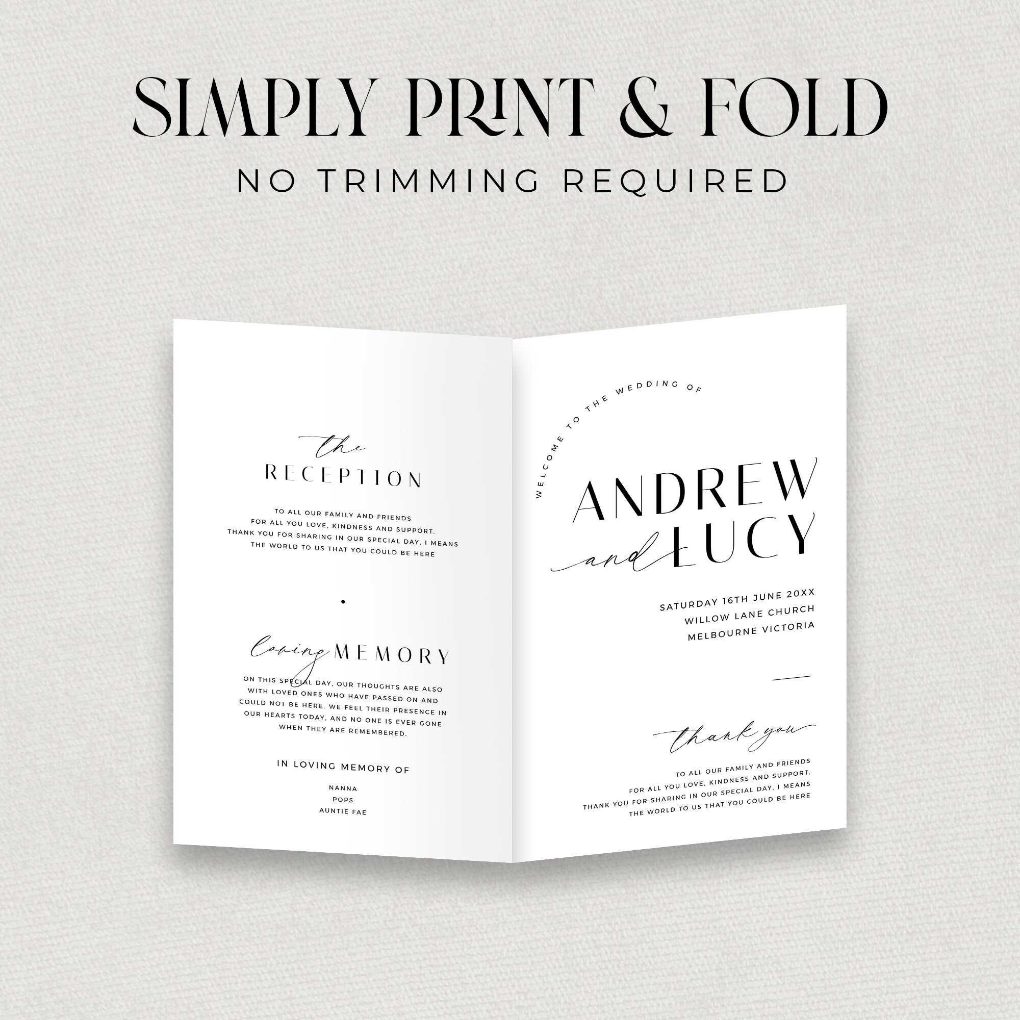 Church Program Wedding, Folded Minimalist Wedding Program Template ...
