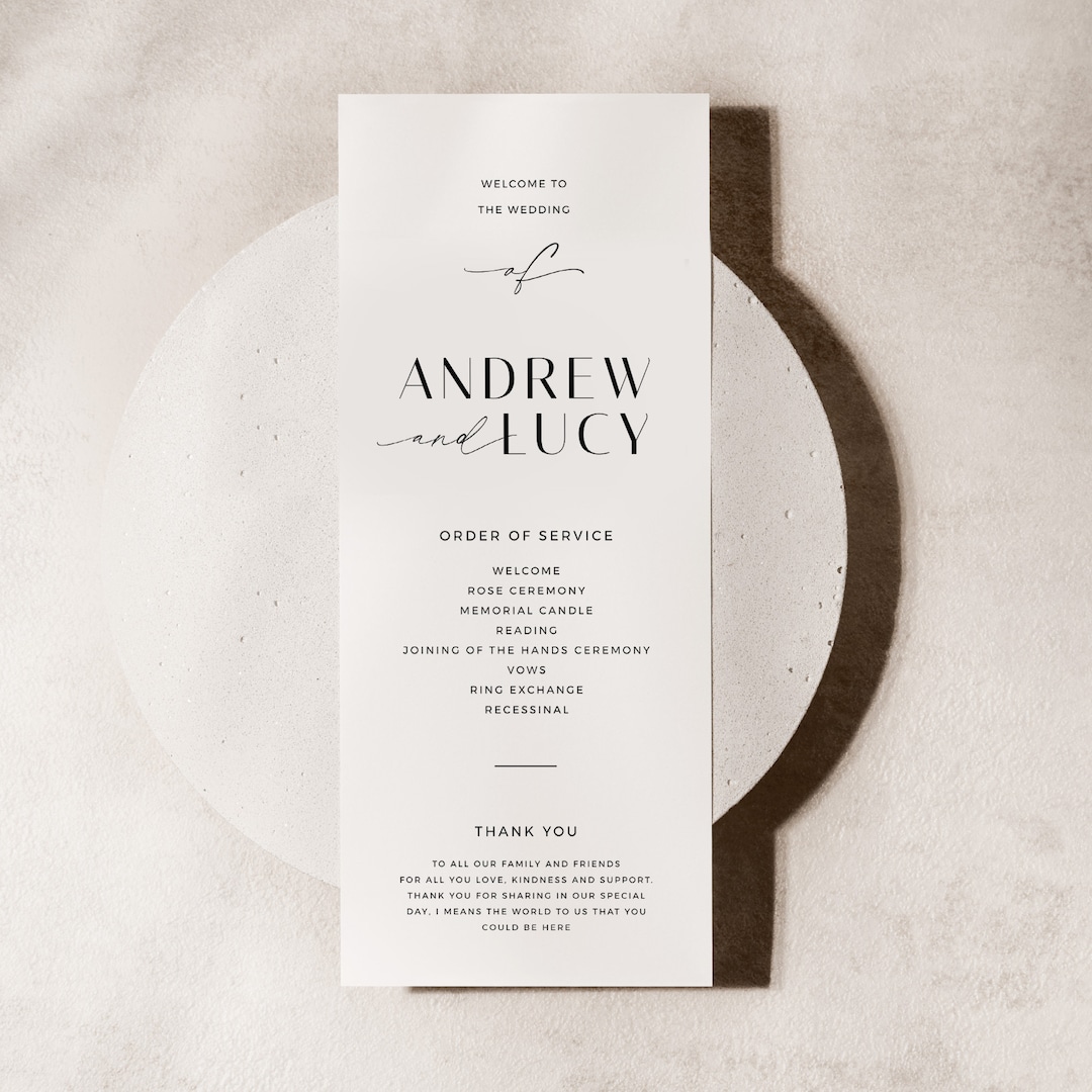 Minimalist Wedding Program Template, Slim Order of Service, Printable ...