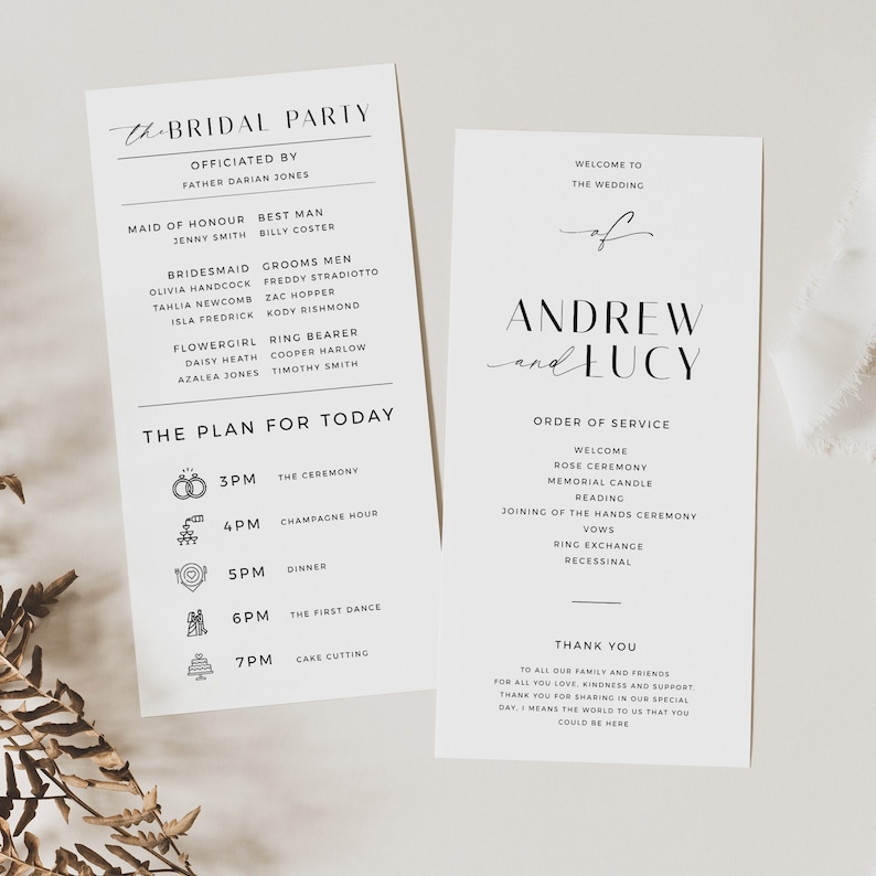 Modern Wedding Program Template | 4x11" | Slim Order of Service ...