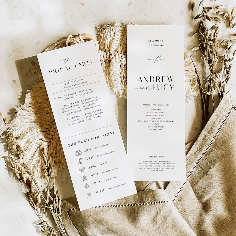 Modern Wedding Program Template | 4x11" | Slim Order of Service ...