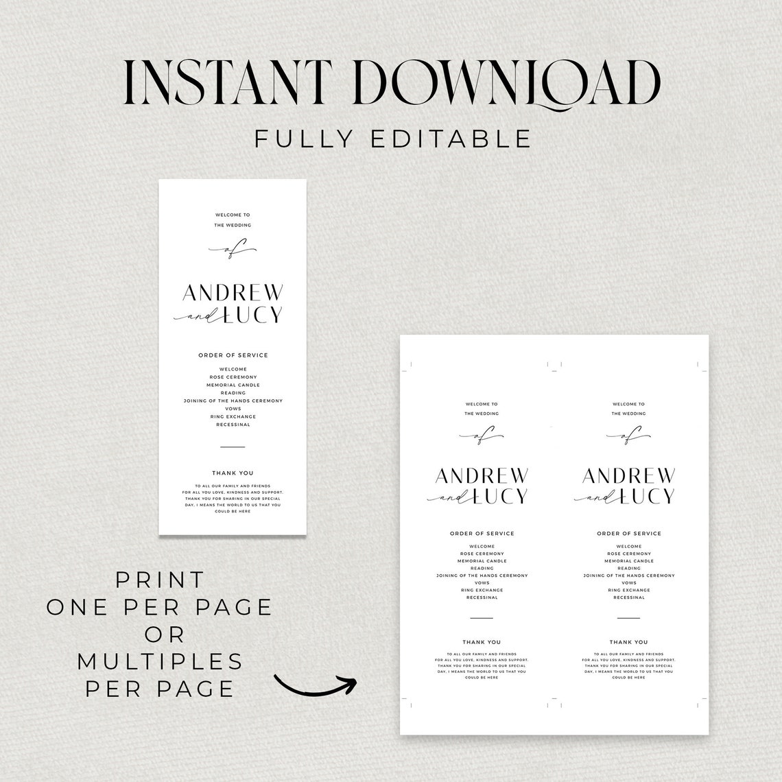 Modern Wedding Program Template 4x11 Slim Order of - Etsy