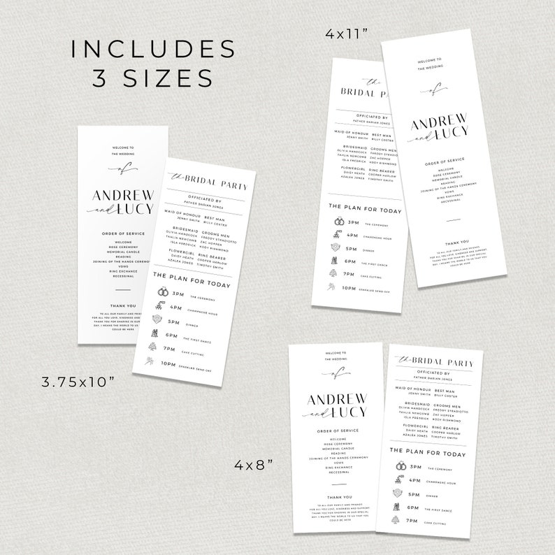 Minimalist Wedding Program Template, Slim Order of Service, Printable ...