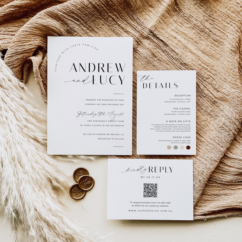 Wedding Invites With QR Code, Minimalist Wedding Invite Suite, Minimal ...