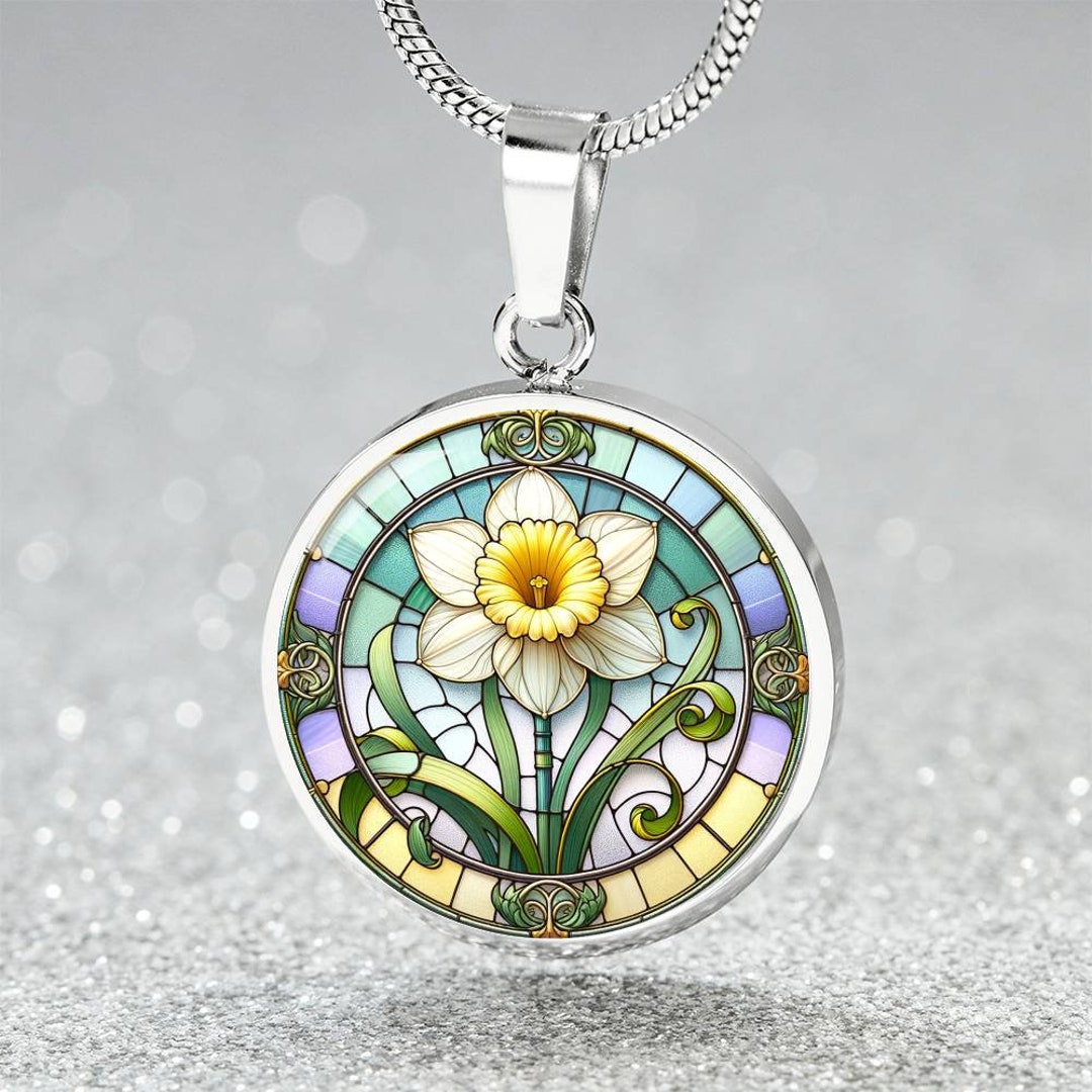 Art Nouveau Daffodil Pendant Stained Glass Style Window Necklace Floral ...