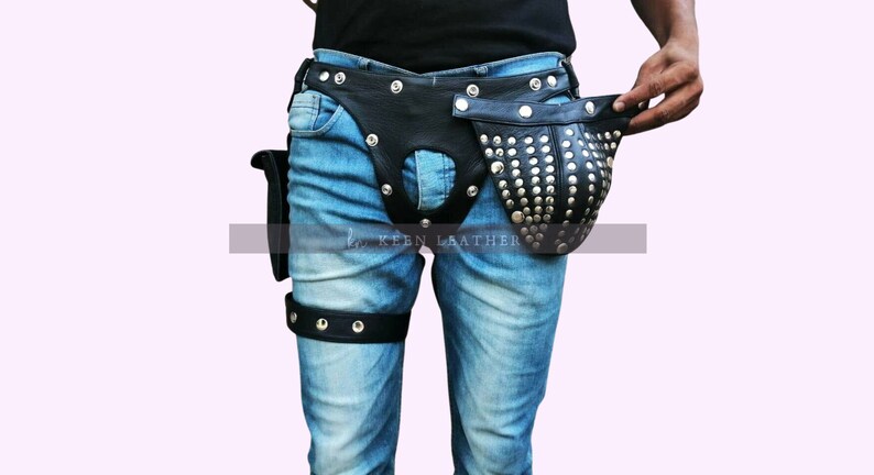 Genuine Leather Studded Chastity ,men Sexy Jockstrap With Thigh Pouch,gay Thong Studs Front Open ...