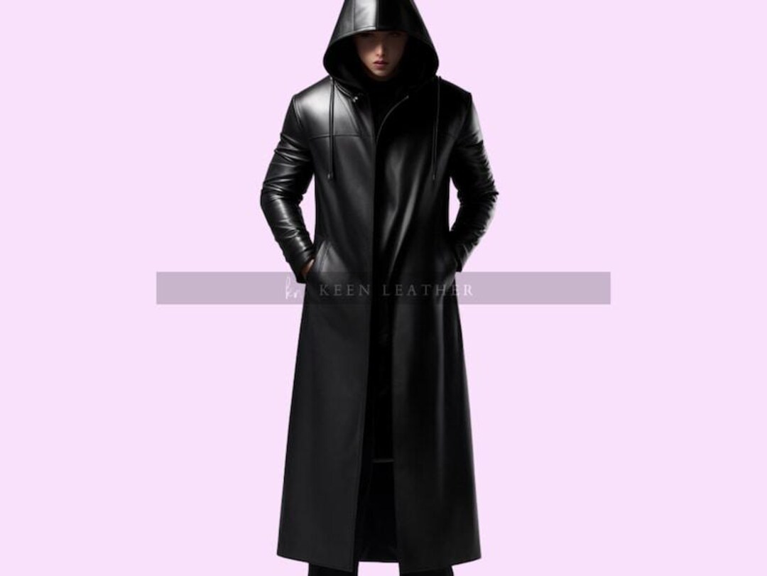 Genuine Leather Hooded Trench Coat - Handmade Black Long Coat - Etsy