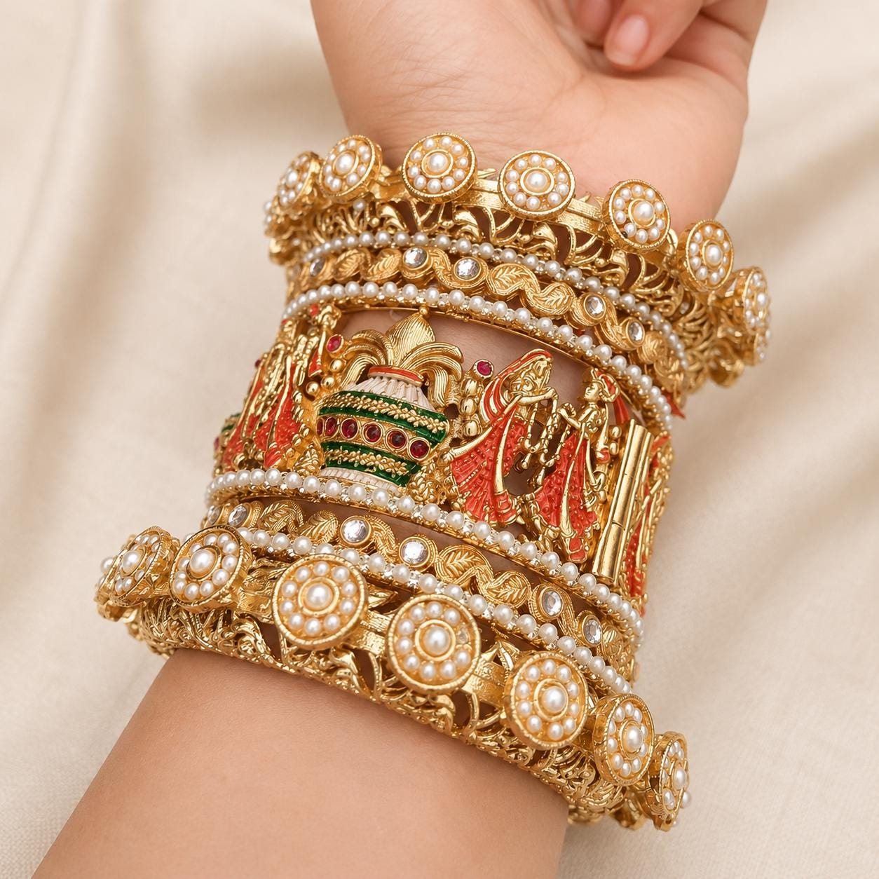Traditional Indian Bridal Bangles Set, Gold Pearl Kada, Rajasthani ...