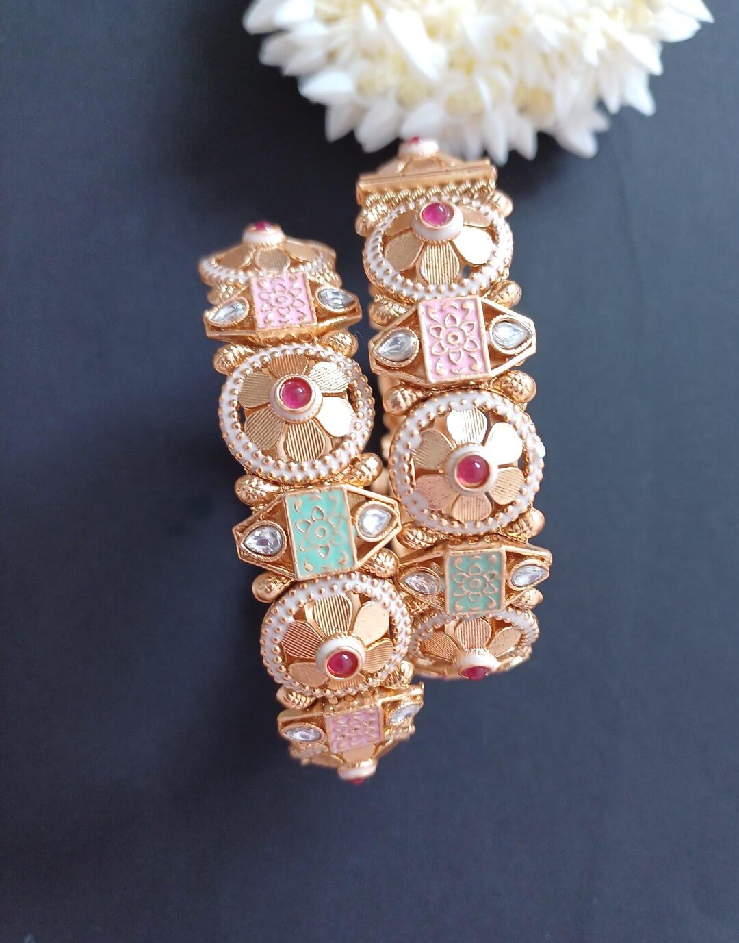 Meenakari Kundan Bangle: Ruby Red Stone, Gold Toned Rajwadi Kada - Etsy