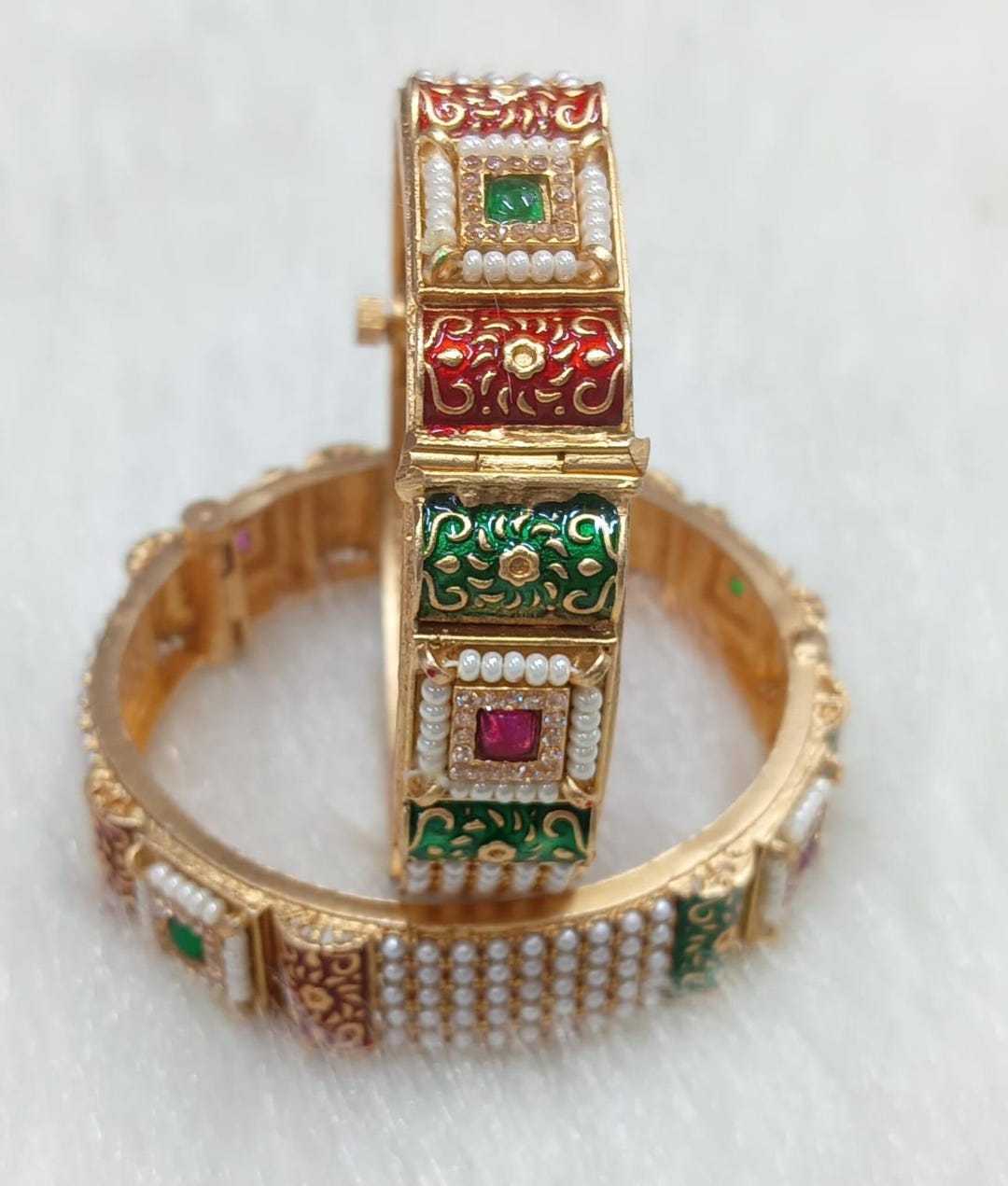 Handcrafted Rajwadi Gold Plated Kada Bangles: Red Green Meena Work ...