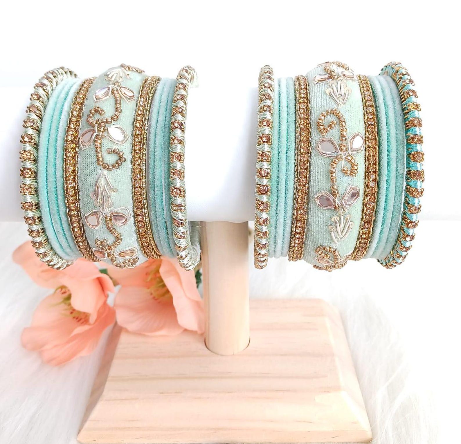 Beautiful Pretty Ethnic Sea Green Velvet Bangles With Mirror Work for ...