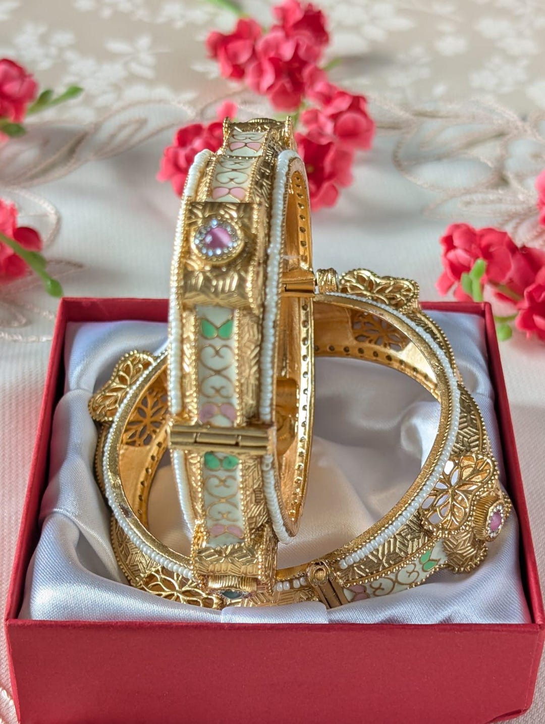 Meenakari Rajwadi Kada Bangle: Gold Toned, Purple & Mint Stones - Etsy