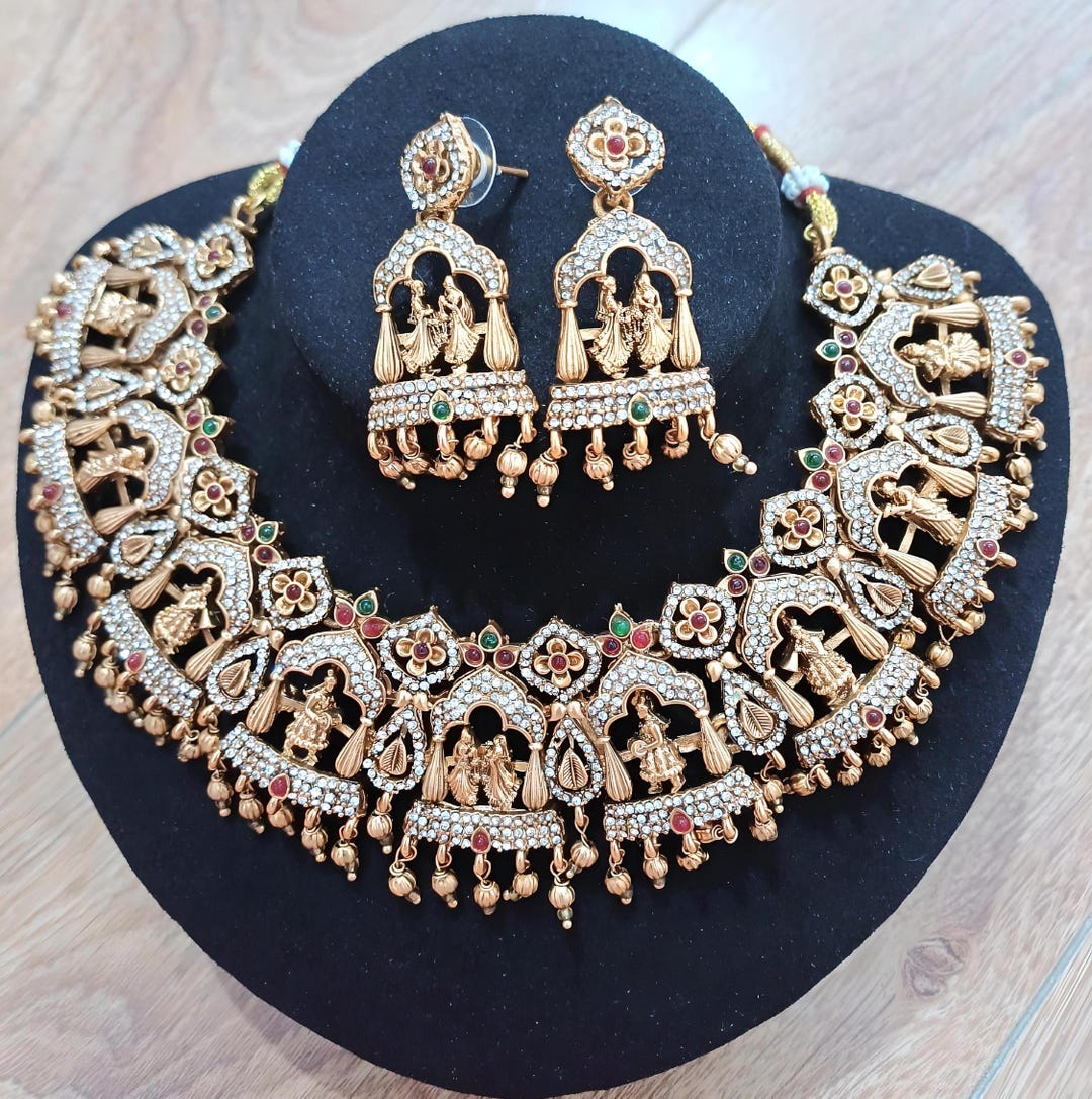 Antique Gold Polish Indian Jewelry Set: Full Stone Wedding Necklace - Etsy