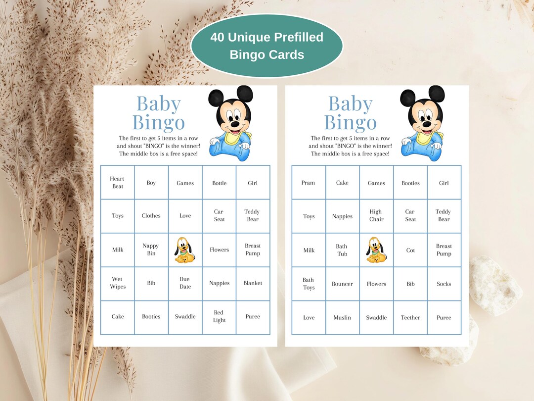 Mickey Mouse Baby Shower Bingo, 40 Pre-filled Baby Bingo Cards Digital Printable Fun Baby Baby ...