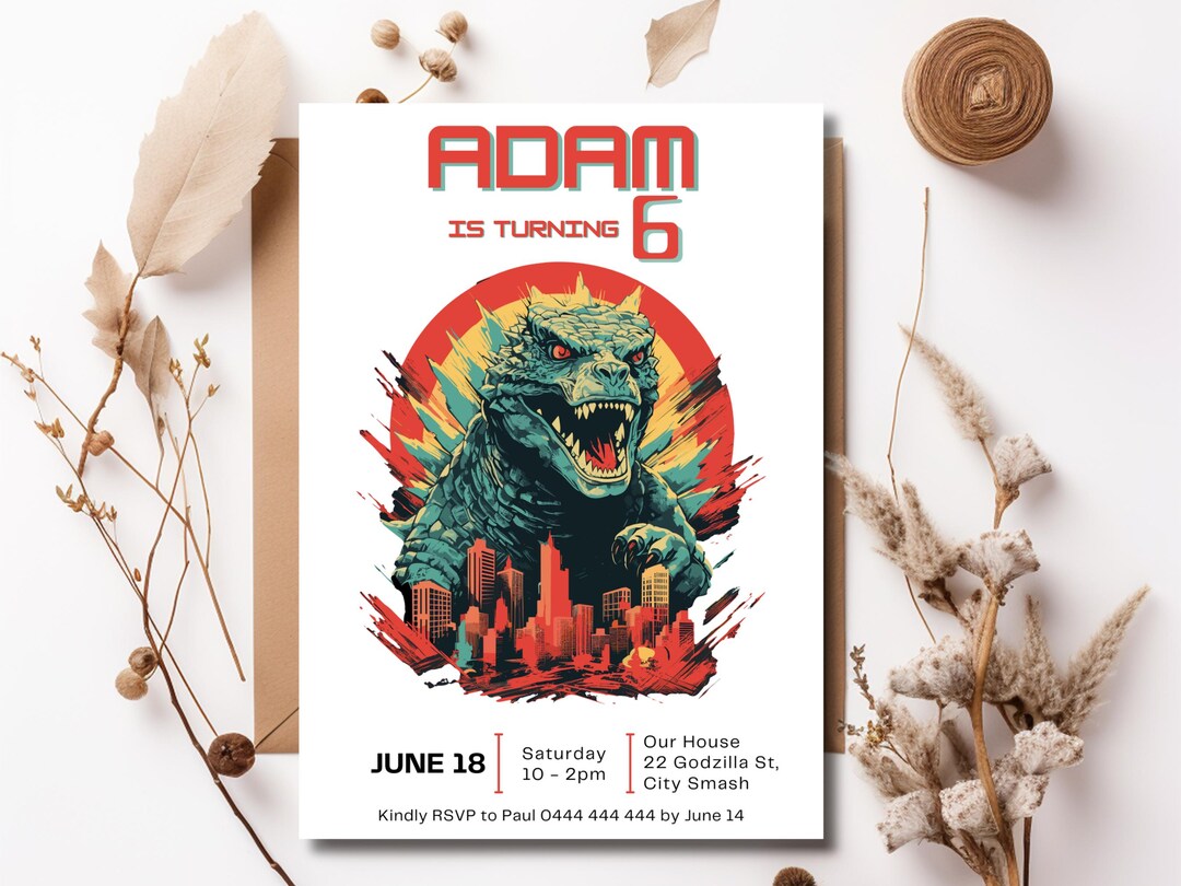 Retro Godzilla Birthday Invitation Editable Template Digital Boy Girl ...