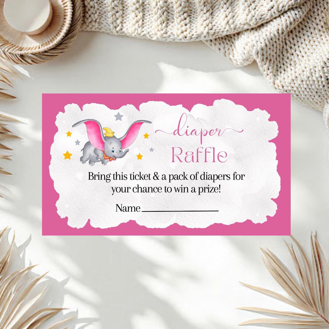 Pink Dumbo Diaper Raffle Card Baby Shower Editable Template Digital ...