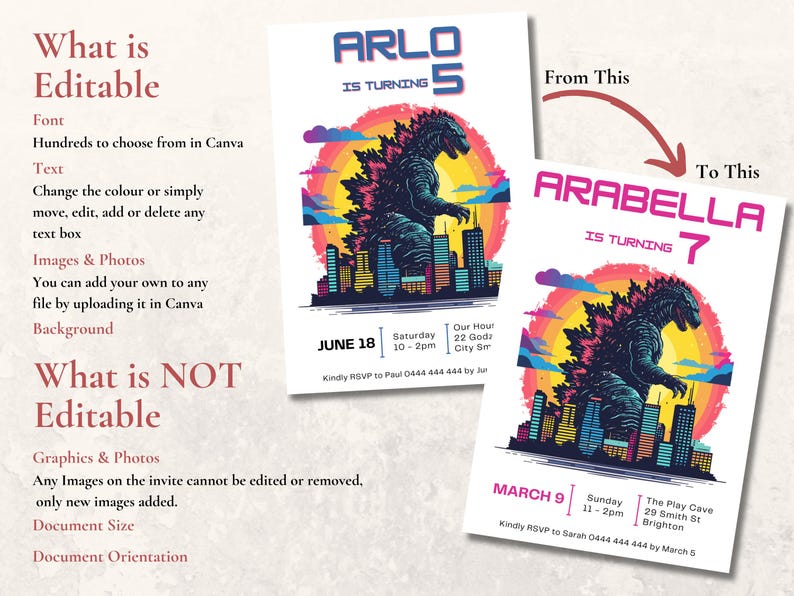 Retro Godzilla Birthday Invitation Editable Template Digital Boy Girl ...