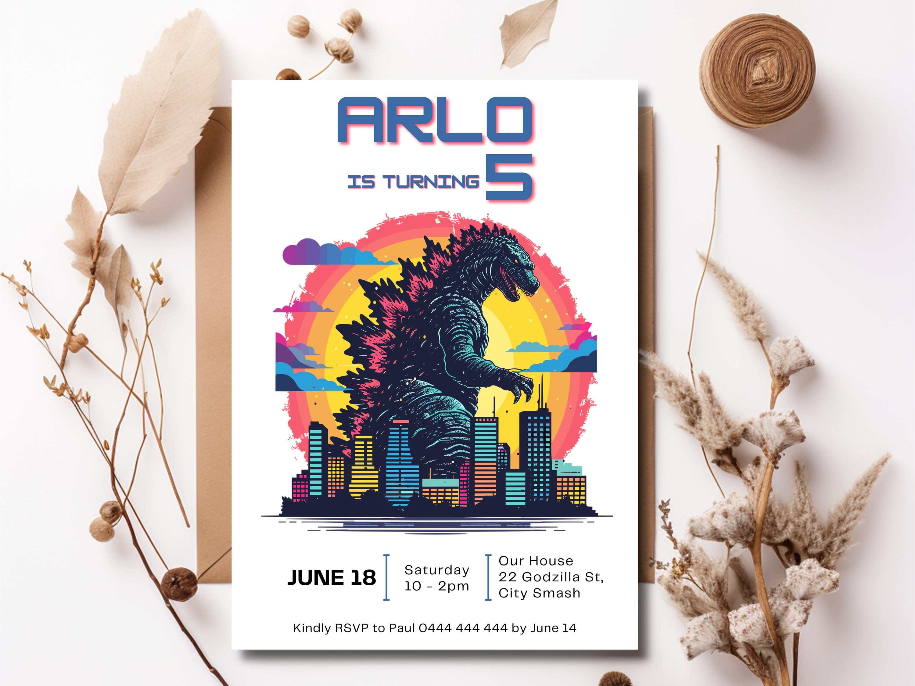 Retro Godzilla Birthday Invitation Editable Template Digital Boy Girl ...