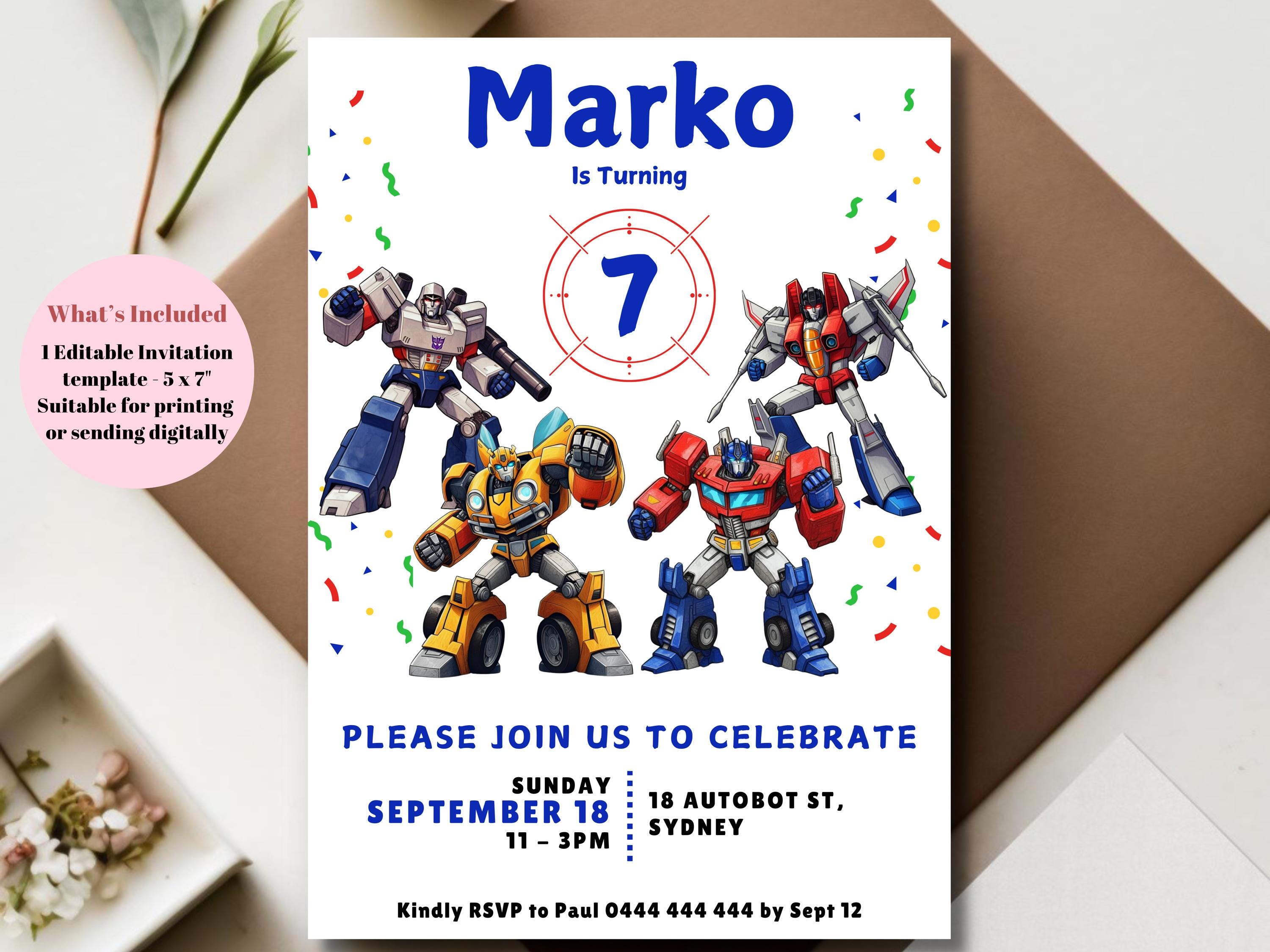 Autobot Transformer Birthday Invitation Editable Template Digital Auto ...