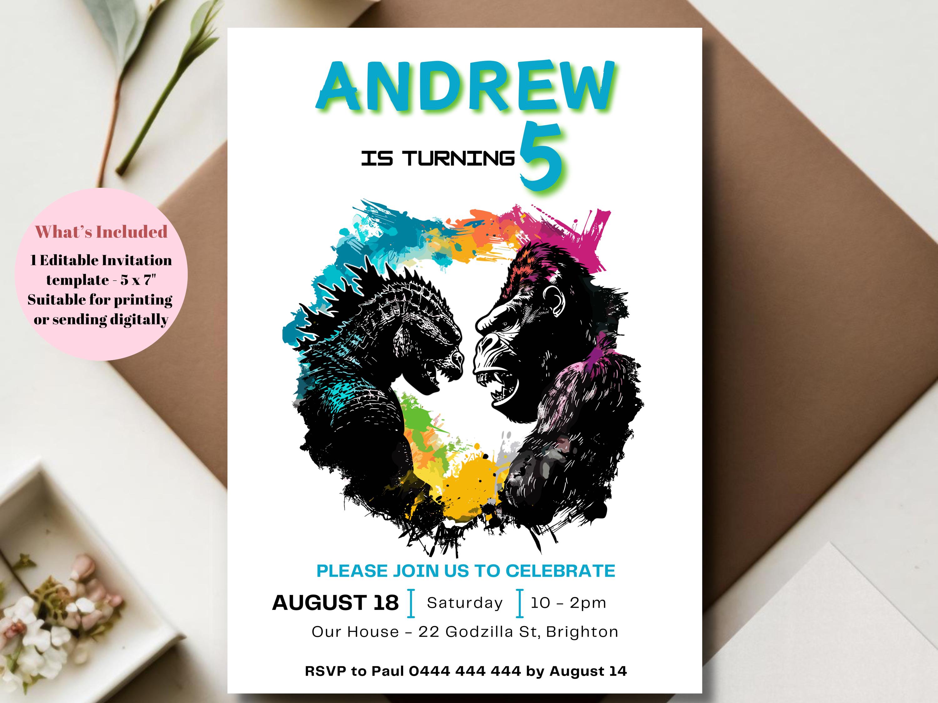 Godzilla Vs Kong Birthday Invitation Editable Template Digital Boy Girl ...