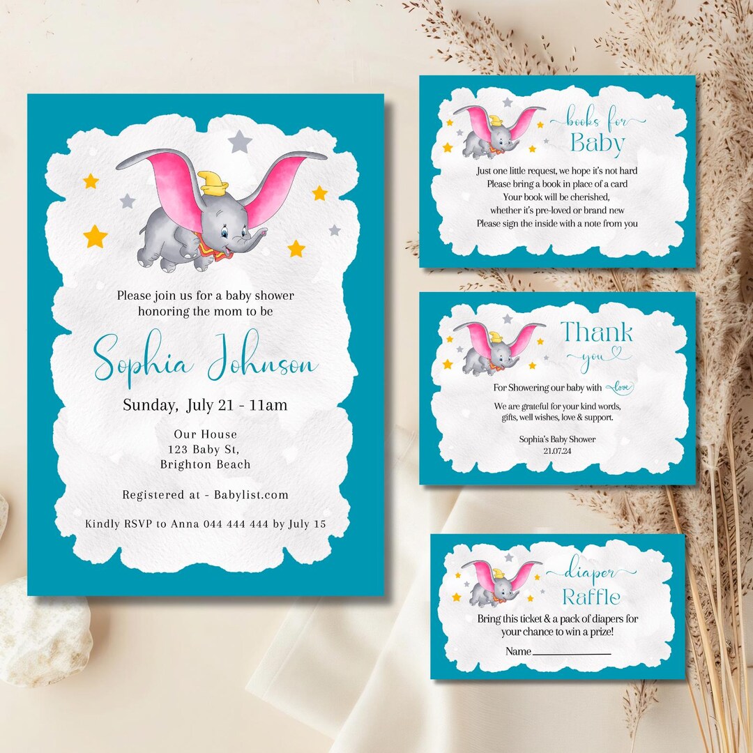Blue Dumbo Baby Shower Invitation Bundle Diaper Raffle Books for Baby ...