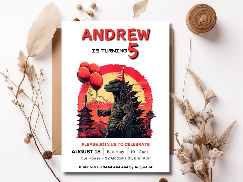Godzilla Birthday Party Invitation Editable Template Digital Boy Girl ...