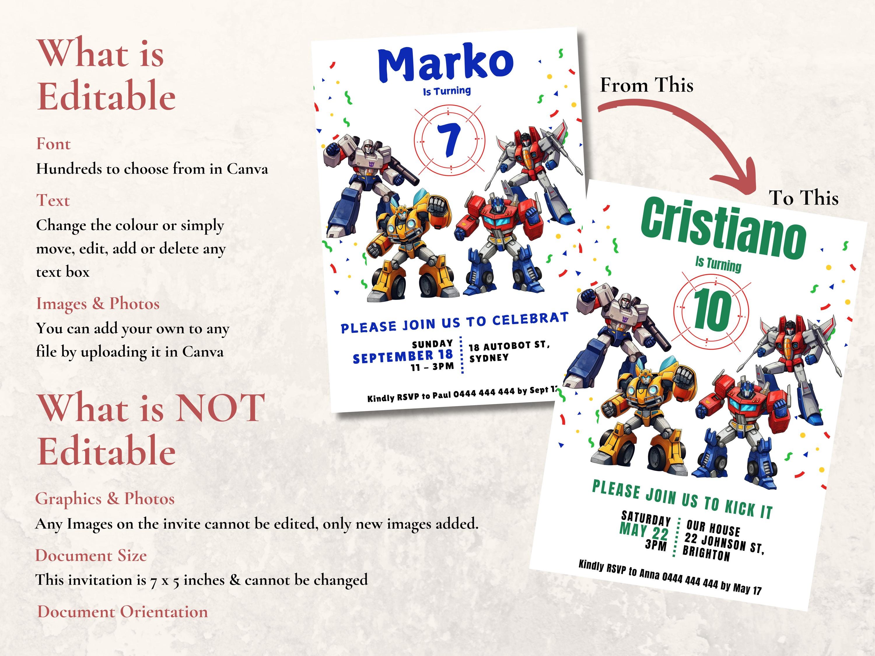 Autobot Transformer Birthday Invitation Editable Template Digital Auto ...