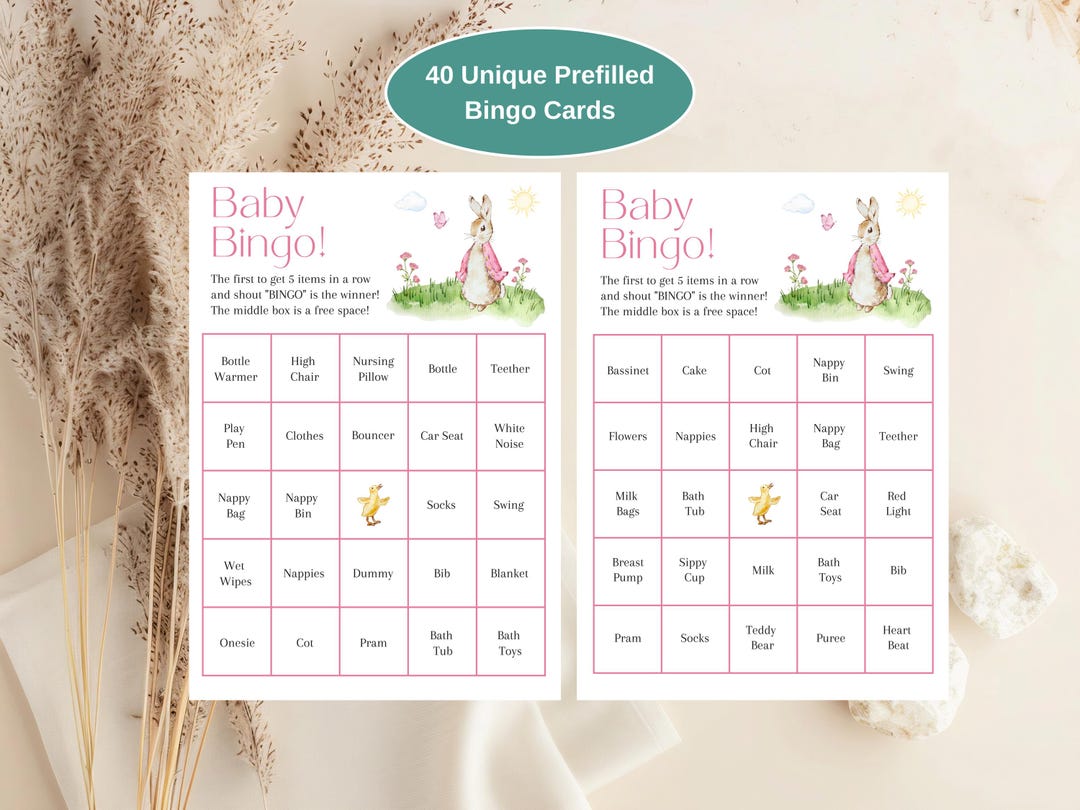 Pink Peter Rabbit Baby Shower Bingo, 40 Pre-filled Baby Bingo Cards ...