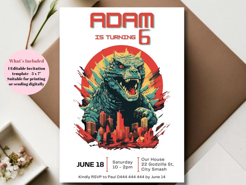 Retro Godzilla Birthday Invitation Editable Template Digital Boy Girl ...