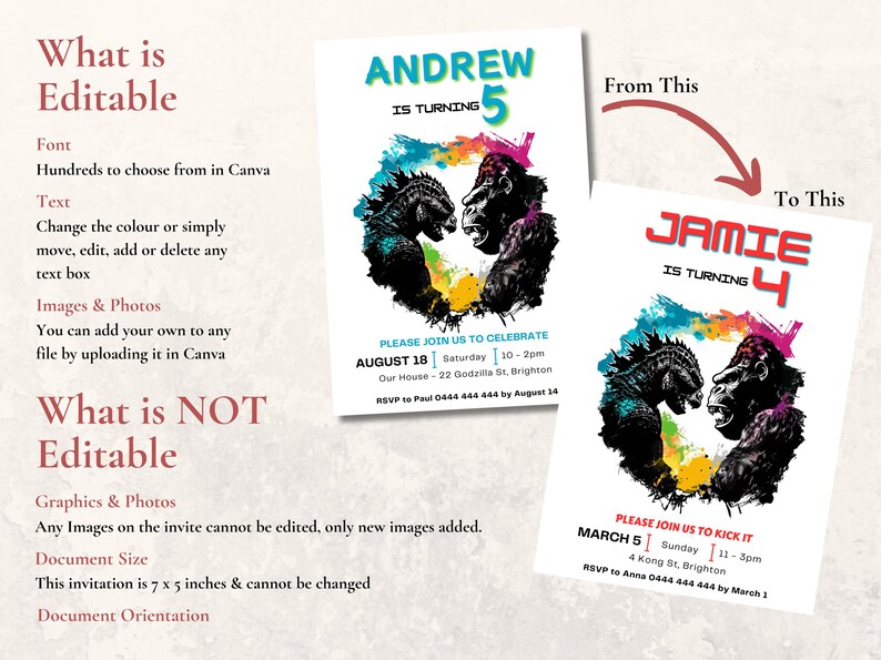 Godzilla Vs Kong Birthday Invitation Editable Template Digital Boy Girl ...