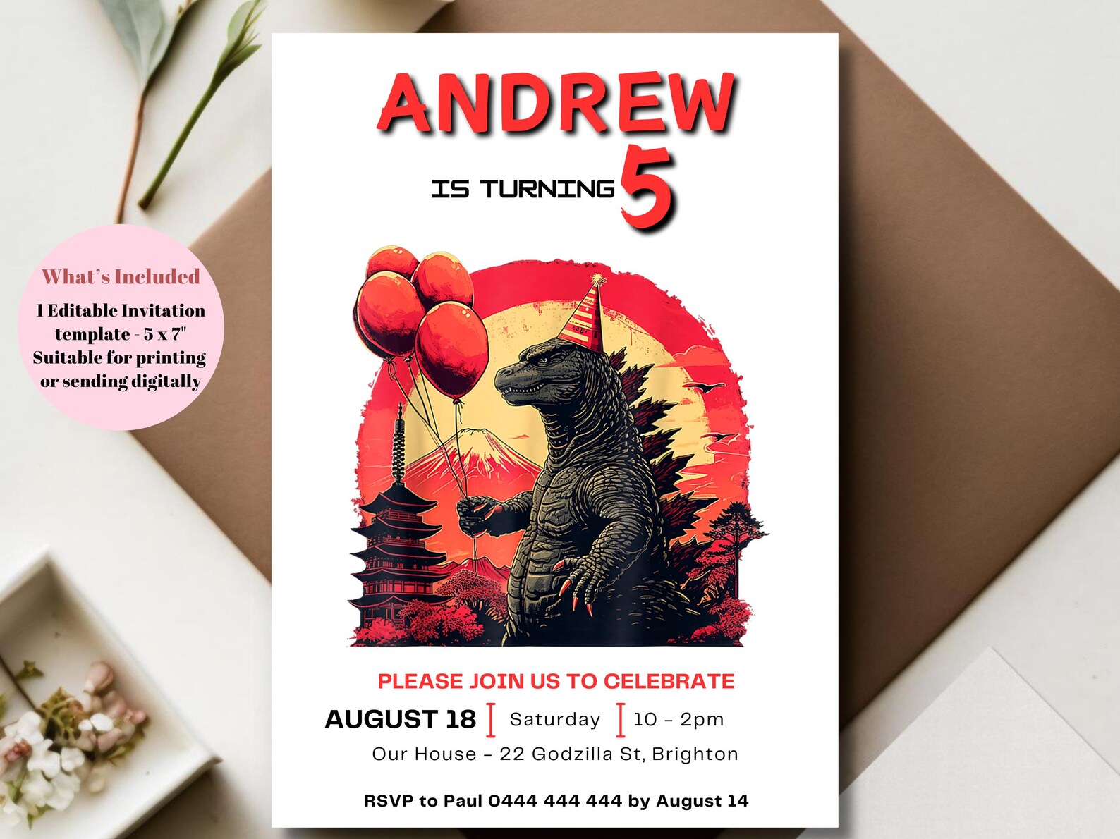 Godzilla Birthday Party Invitation Editable Template Digital Boy Girl ...