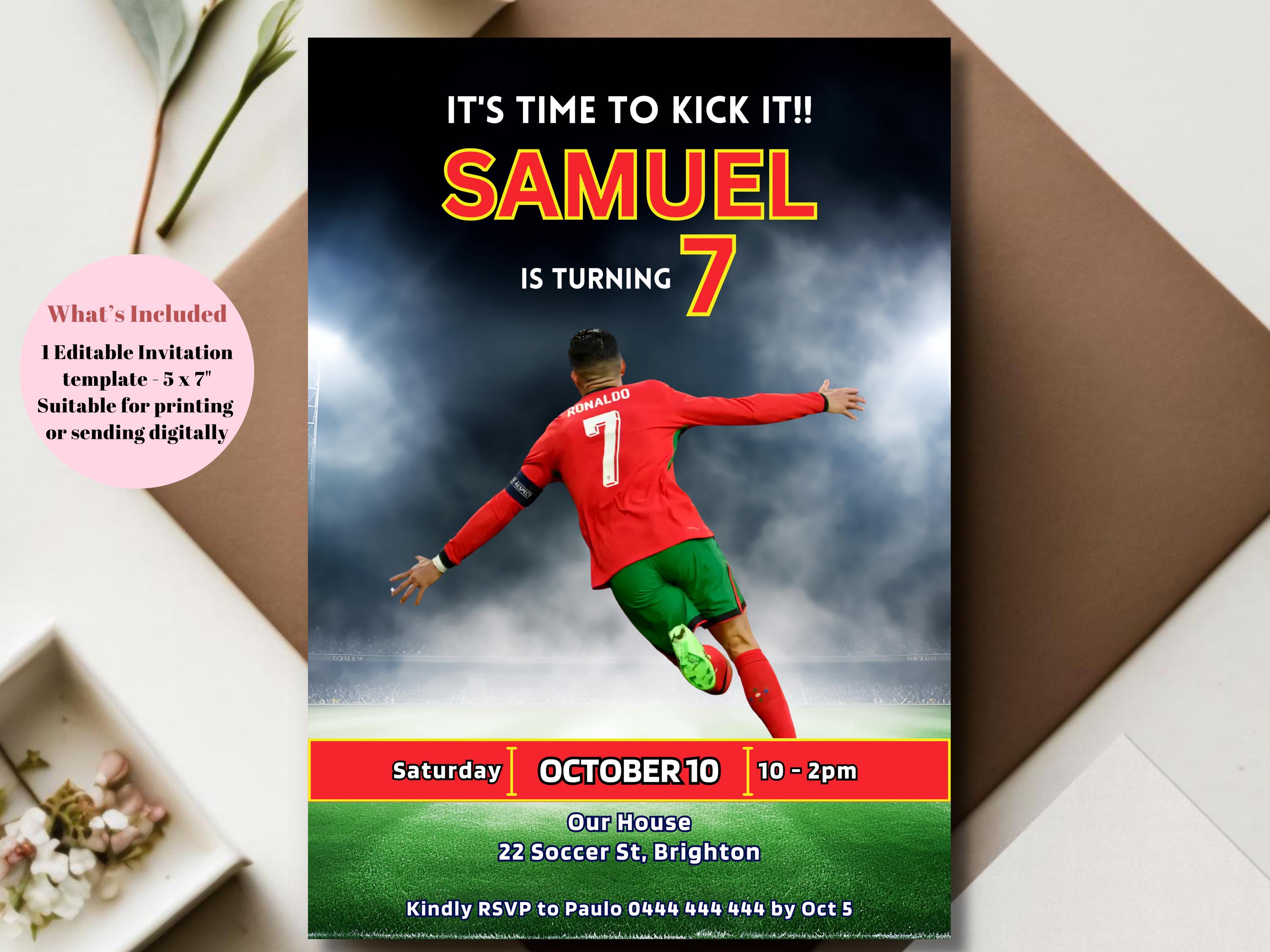 Invitación de cumpleaños de fútbol de Ronaldo, plantilla editable de ...