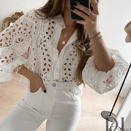 Eyelet Blouse Women Floral Embroidery Long Lantern Sleeve Etsy