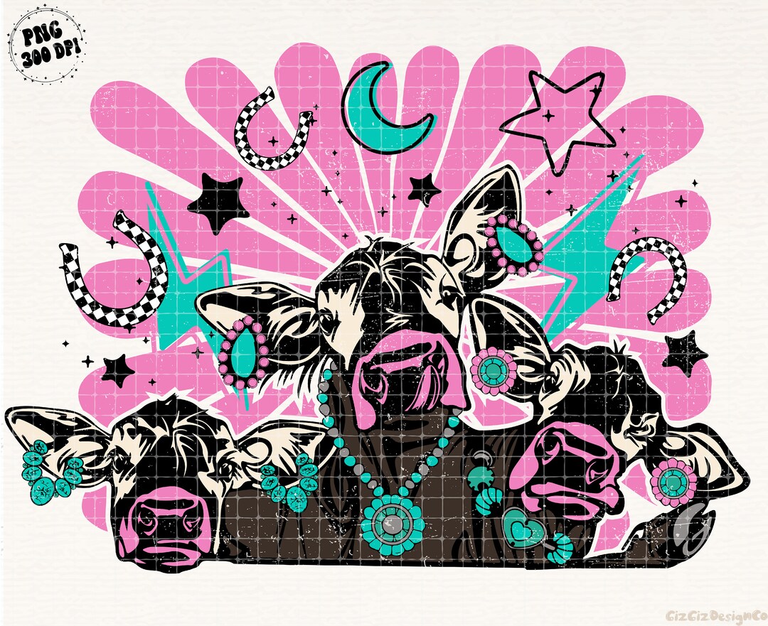 Trendy Turquoise Cows PNG Digital Download | Checkered | Retro ...