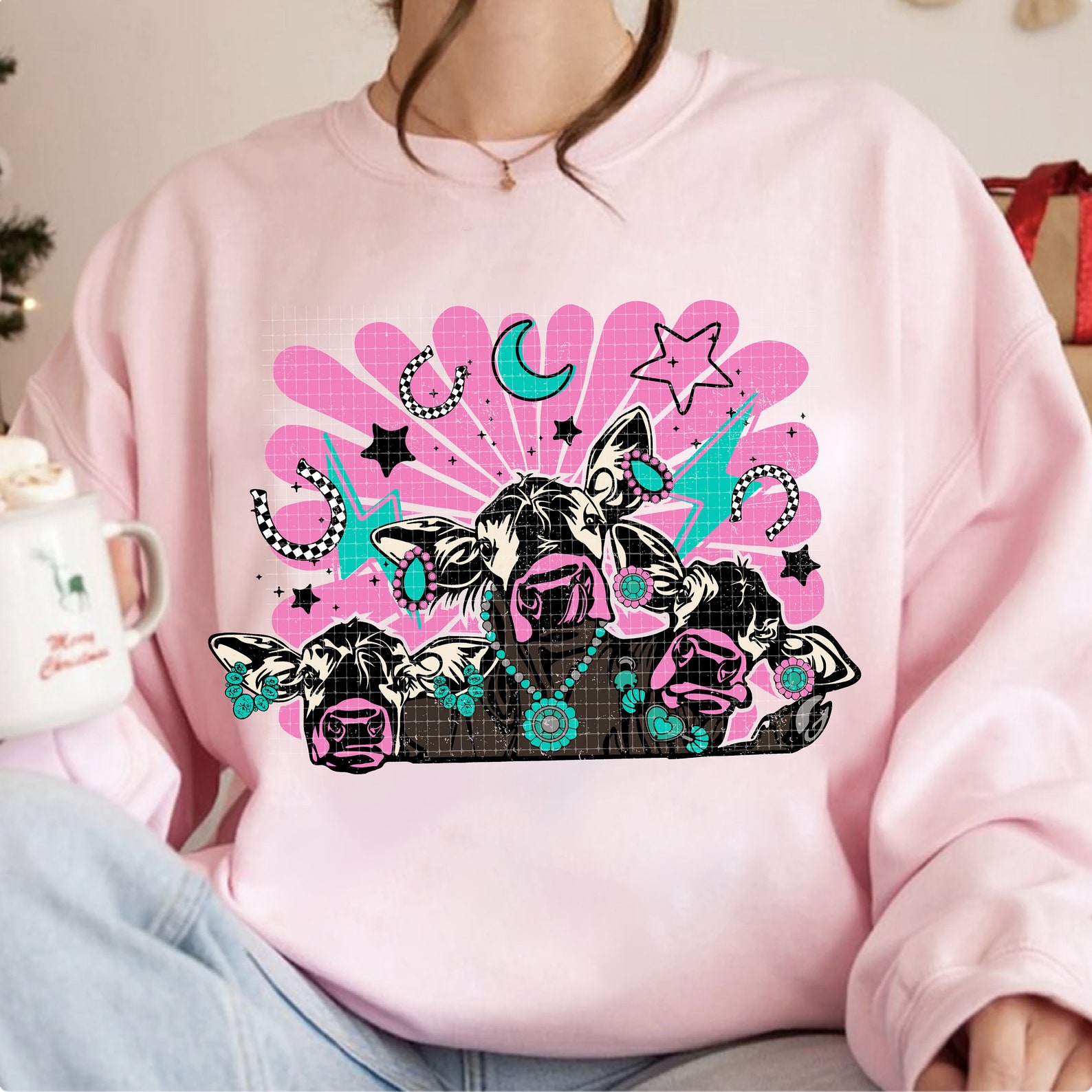 Trendy Turquoise Cows PNG Digital Download Checkered Retro Western ...