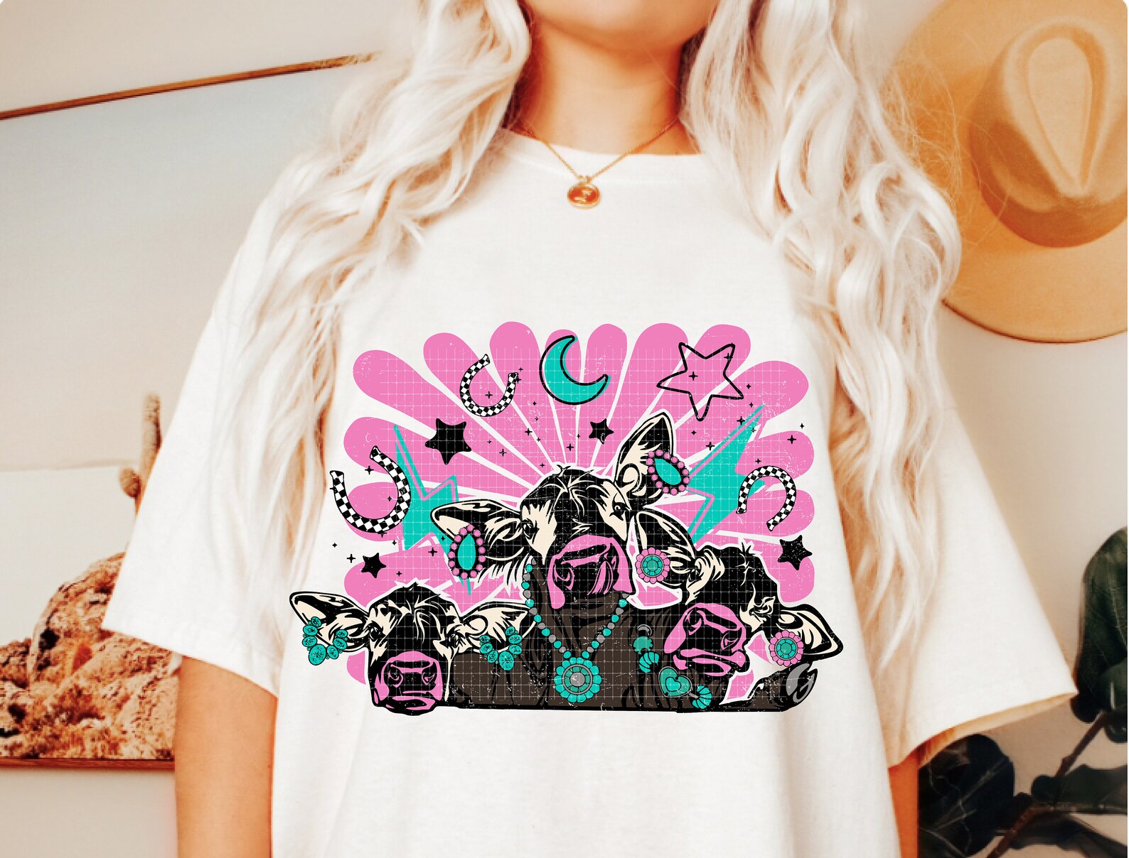 Trendy Turquoise Cows PNG Digital Download Checkered Retro Western ...