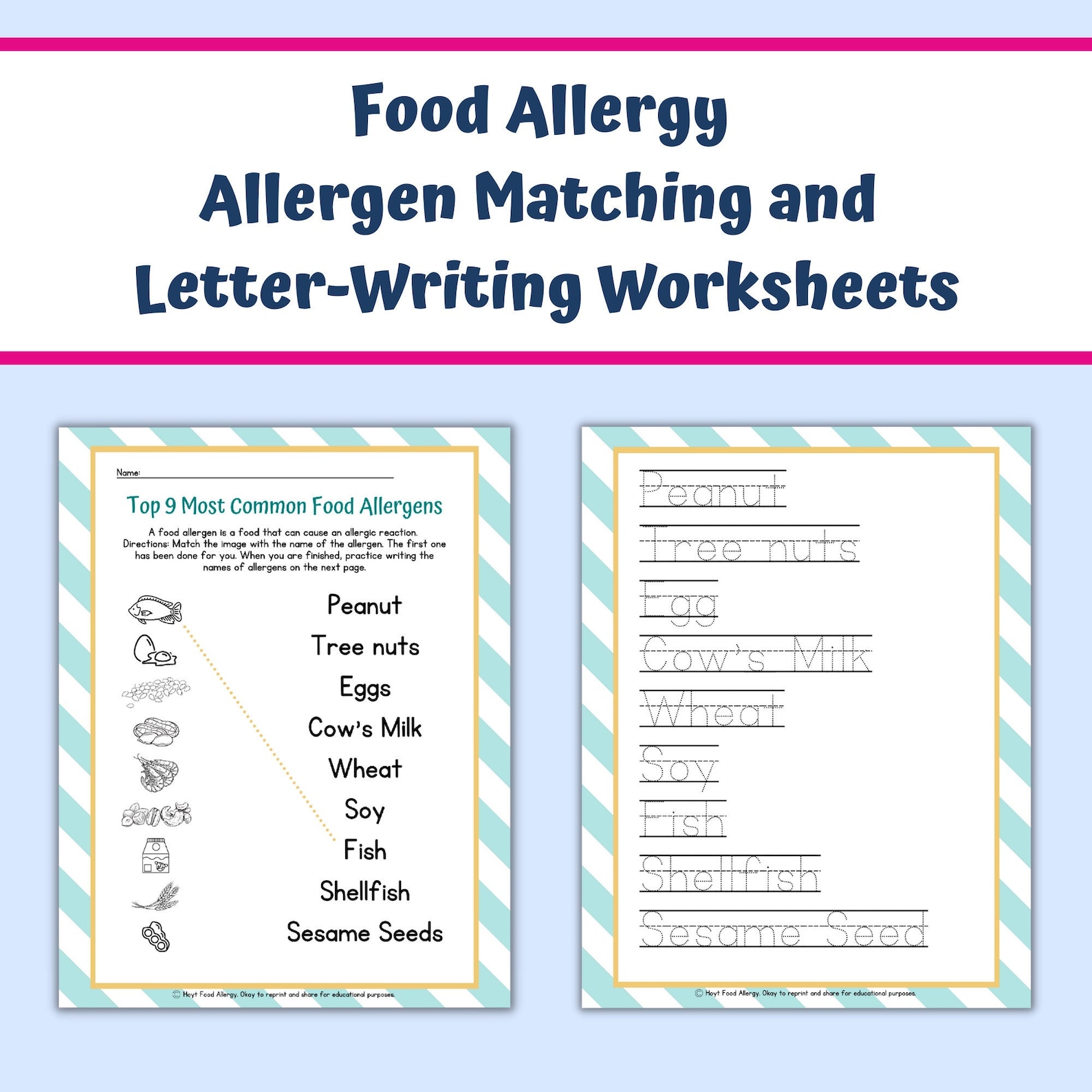 Food Allergy Allergen Matching and Letter-writing Worksheets for Kids ...