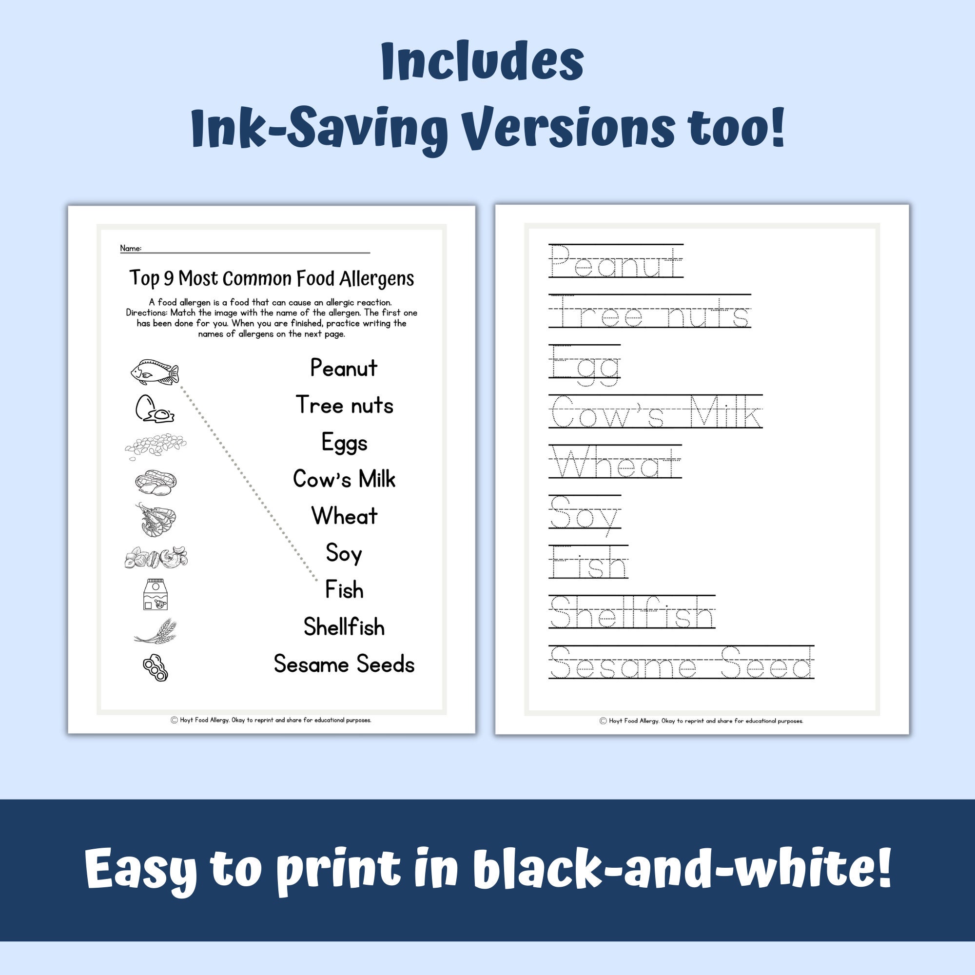 Food Allergy Allergen Matching and Letter-writing Worksheets for Kids ...